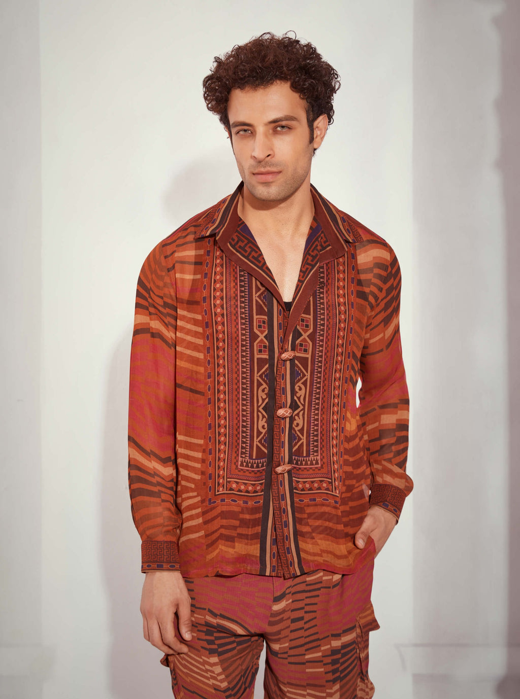 Nikita Mhaisalkar Men Tangerine Byzantine Print Shirt | Indiaspopup.com
