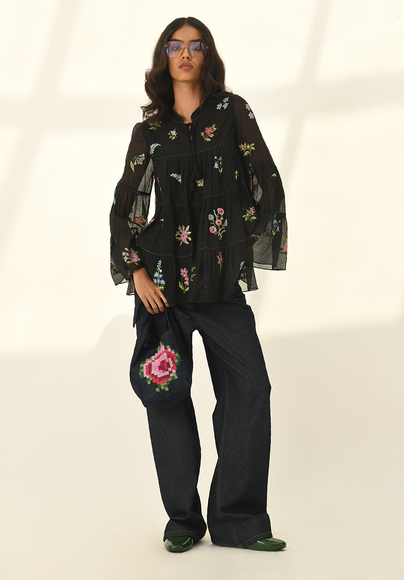 Baccara black tiered embroidery top and denims