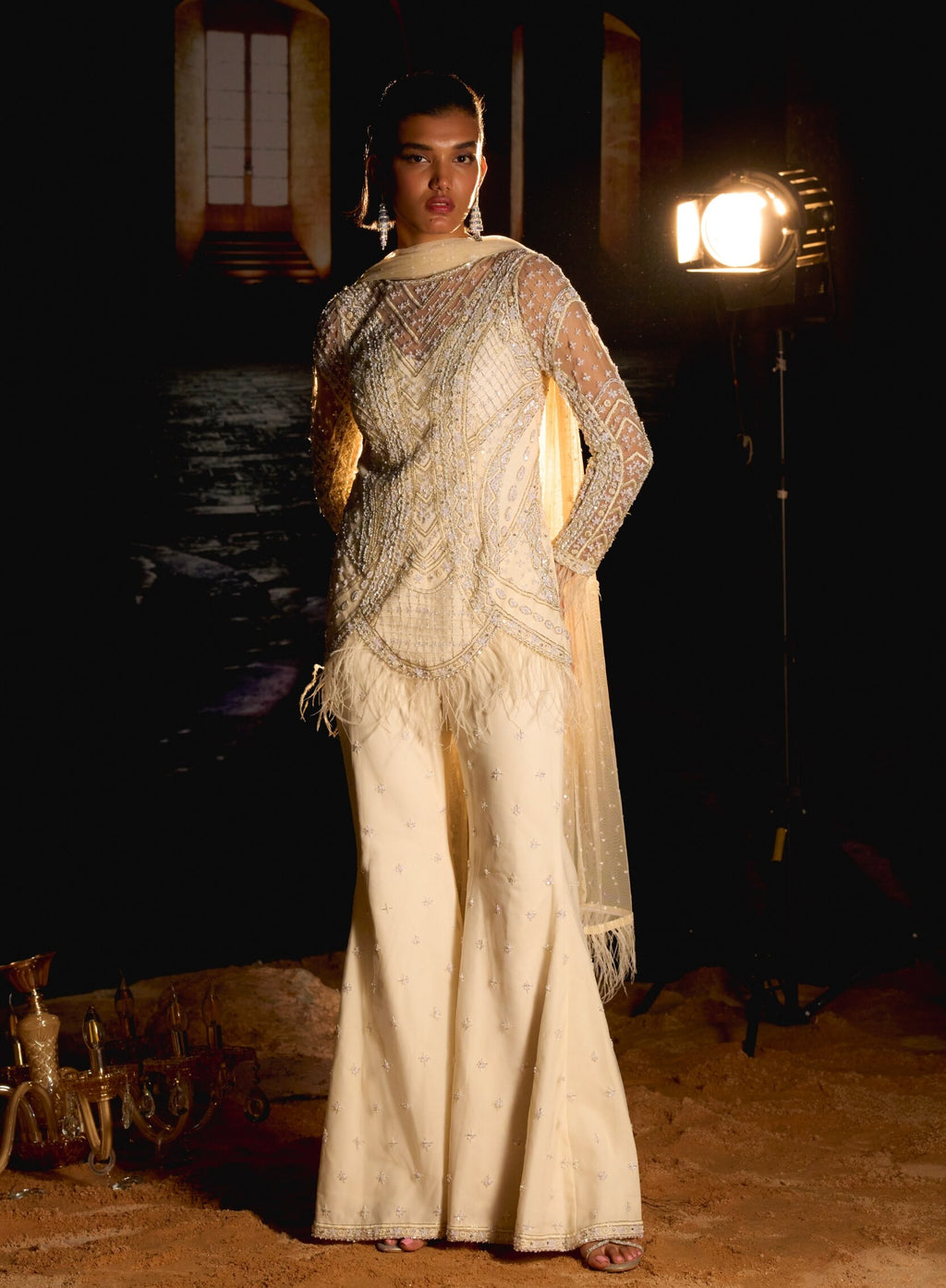 Mani Bhatia Fleur White Sand Embroidered Sharara Set | Indiaspopup.com