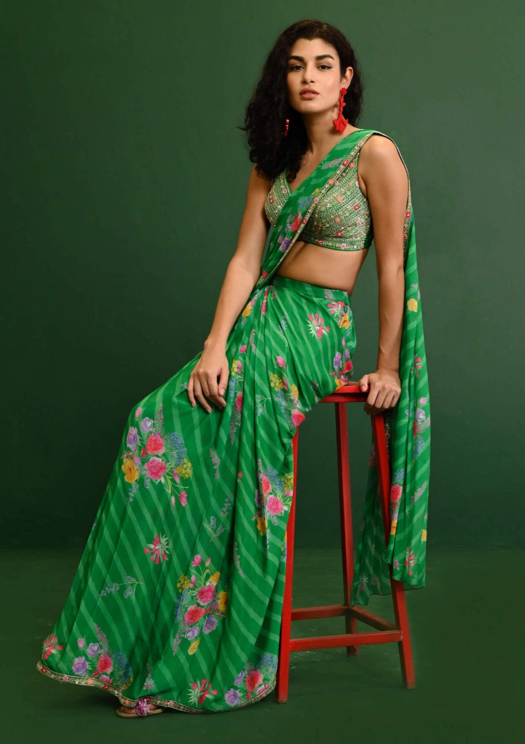 Chamee And Palak | Green Adele Drape Sari And Blouse | INDIASPOPUP.COM