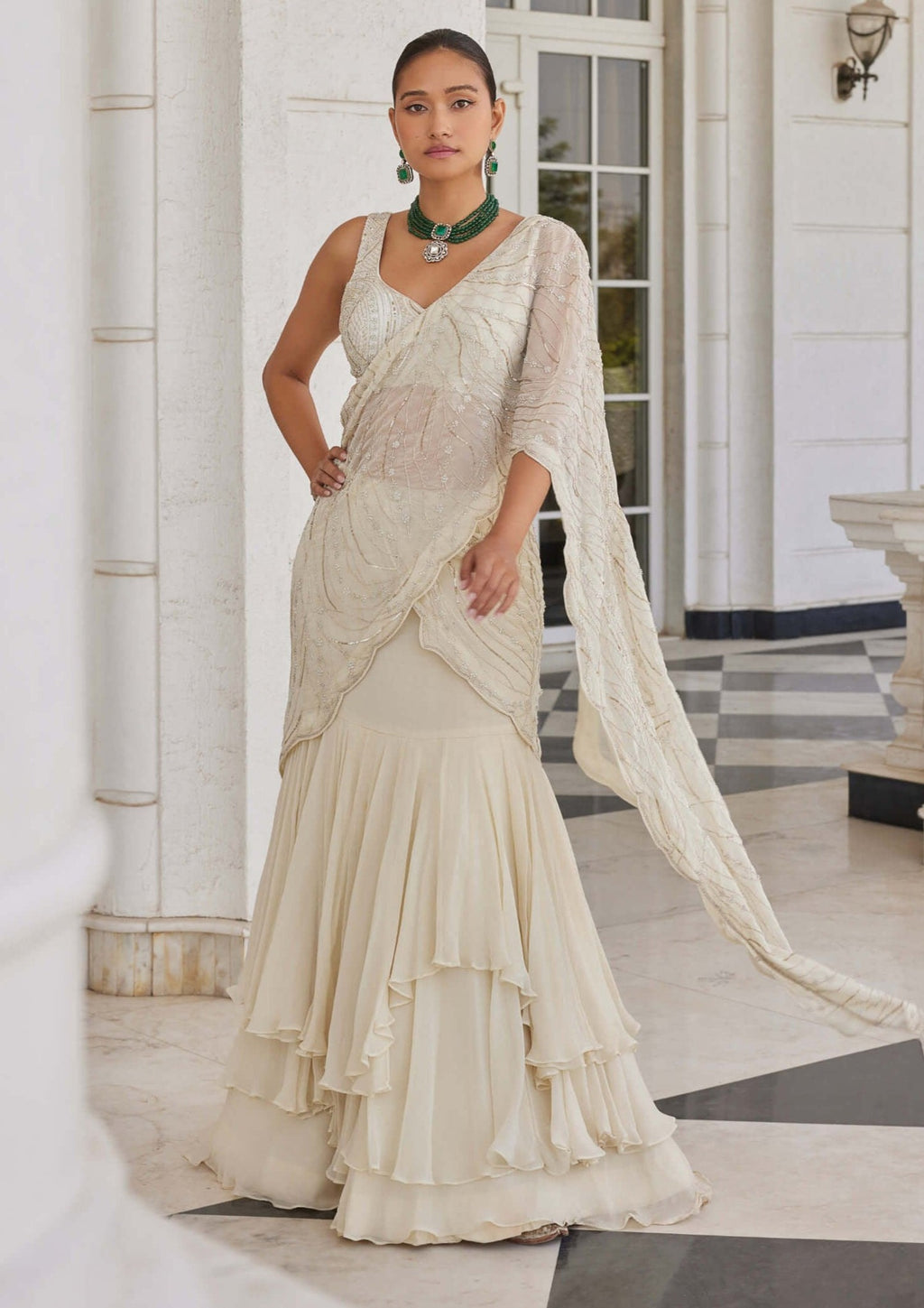 Charu & Vasundhara | Soha Ivory Lehenga Sari And Blouse | INDIASPOPUP.COM