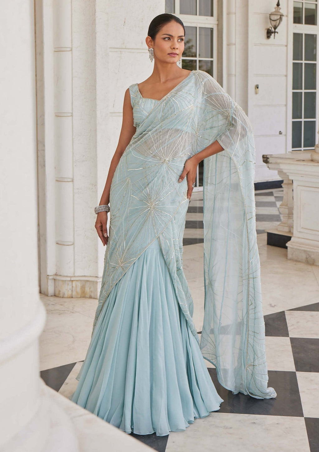 Charu & Vasundhara | Siddra Aqua Blue Lehenga Sari And Blouse ...