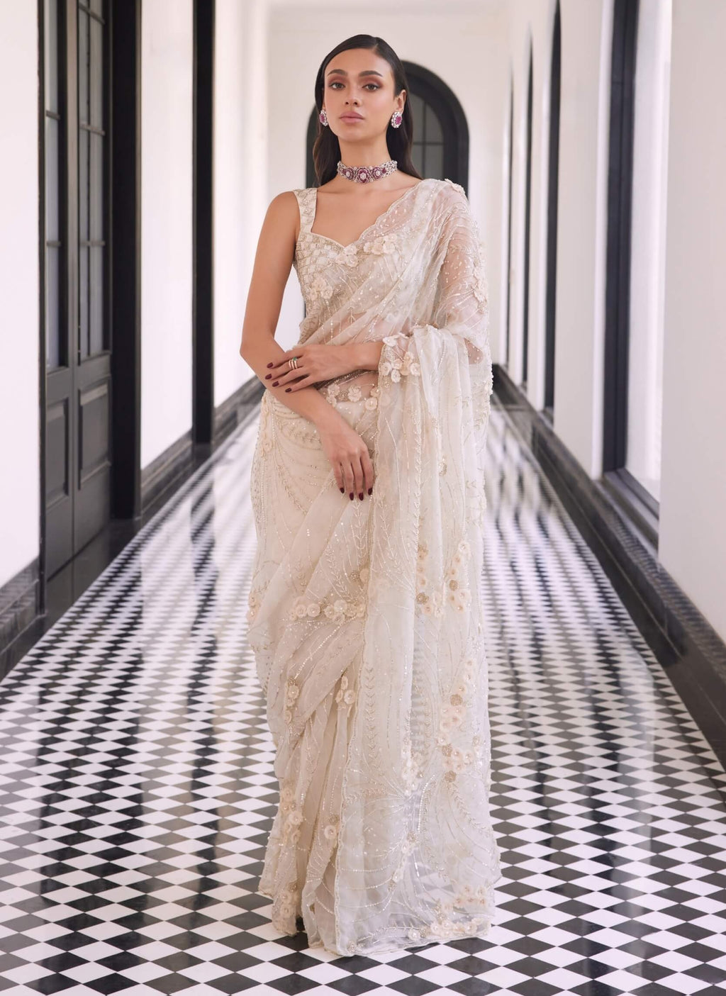 Charu & Vasundhara Felina Ivory Embroidered Sari And Blouse | Indiaspopup