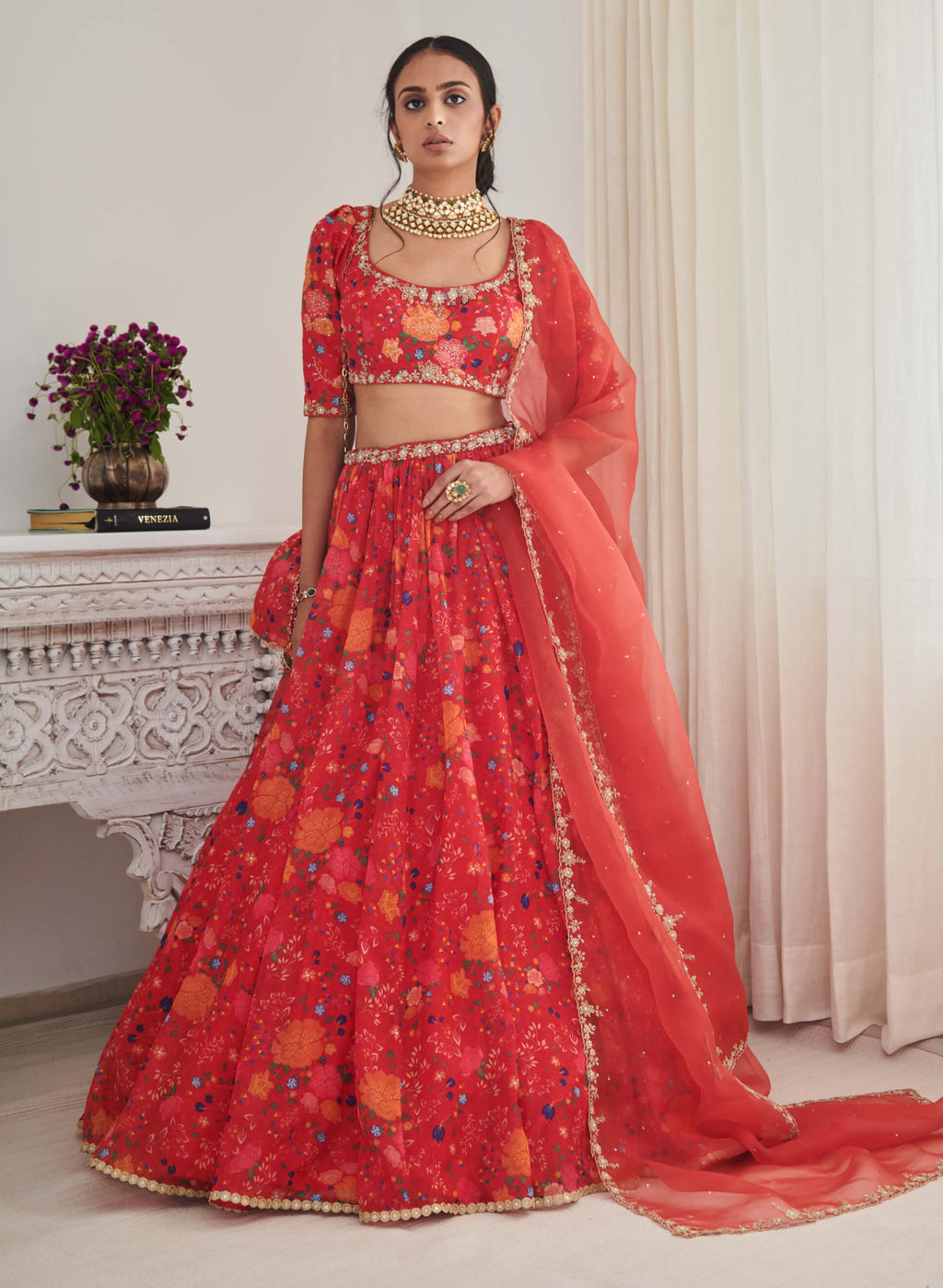 Kesar red floral lehenga set