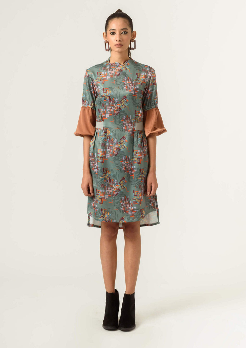 Siddhant Aggarwal | Sage Green Printed Fitted Dress | INDIASPOPUP.COM