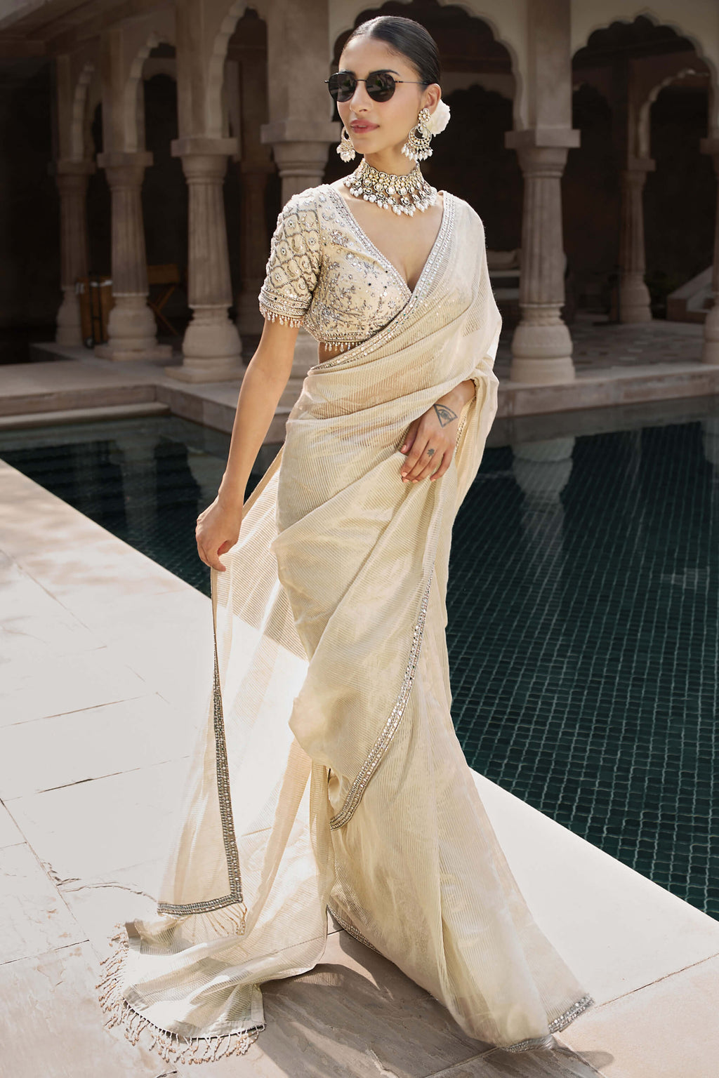 Matsya | Ivory Ekru Royal Sari Set | INDIASPOPUP.COM