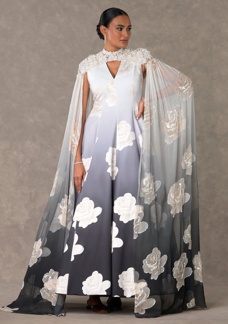 House Of Masaba | Monochrome Gulaab Gown And Cape | INDIASPOPUP.COM