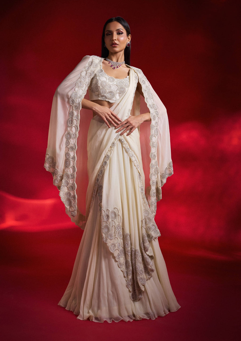 Charu & Vasundhara Violette Ivory Organza Sari And Cape Set ...