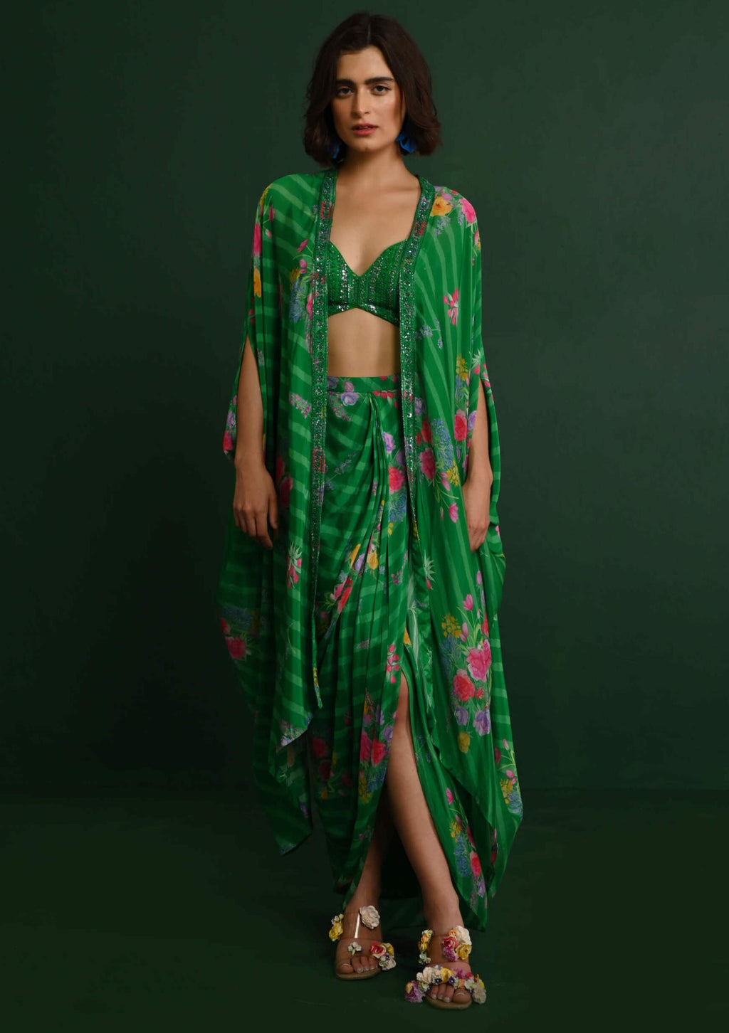 Chamee And Palak | Green Adele Drape Skirt And Cape Set | INDIASPOPUP.COM