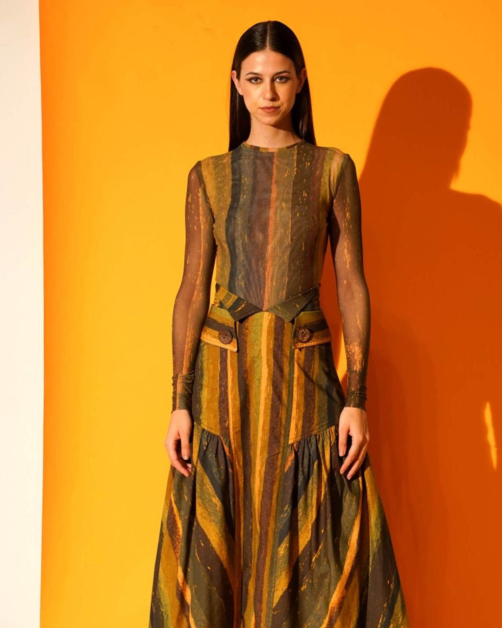 Nikita Mhaisalkar | Green Stripe Print Bodysuit | INDIASPOPUP.COM