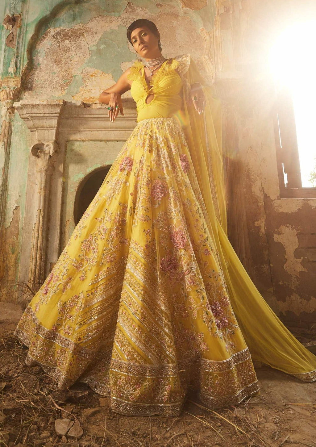 Ridhi Mehra | Raha Yellow Bodysuit Lehenga Set | INDIASPOPUP.COM