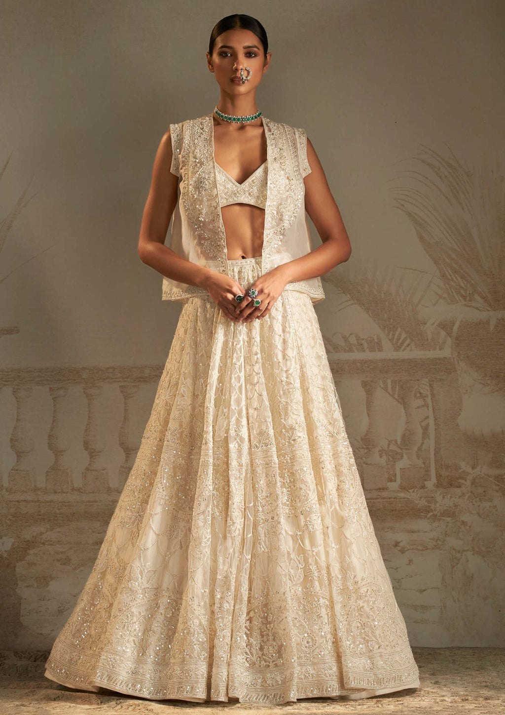 Ridhi Mehra | Moti Ivory Lehenga And Jacket Set | INDIASPOPUP.COM