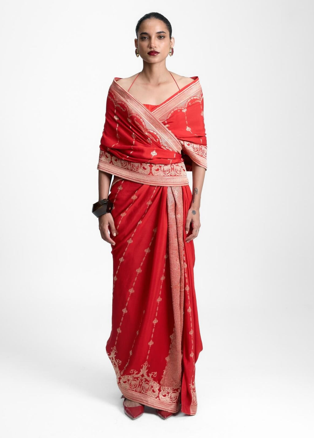 Ekaya Vermillion Sunset Red Sari | Indiaspopup