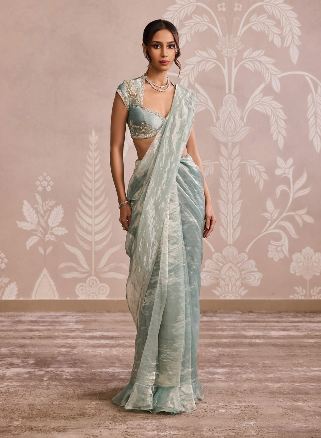 Ridhi Mehra Sage Green Gold Tissue Sari Set | Indiaspopup