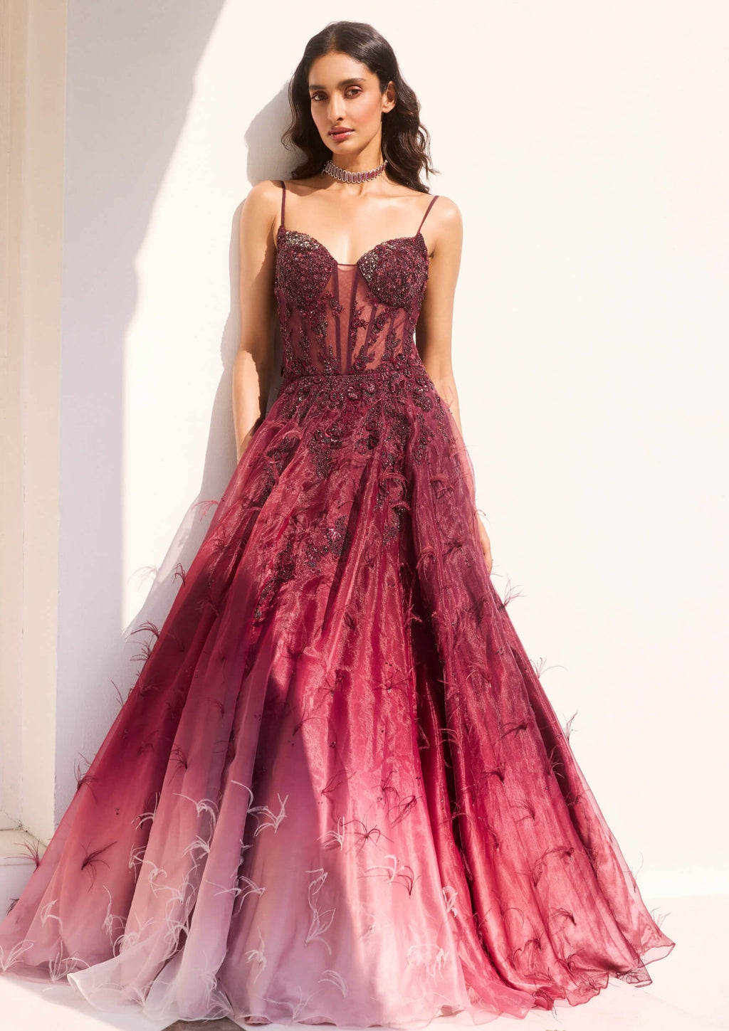Dolly J Amber Maroon Glow Shaded Gown | Indiaspopup.com – INDIASPOPUP.COM