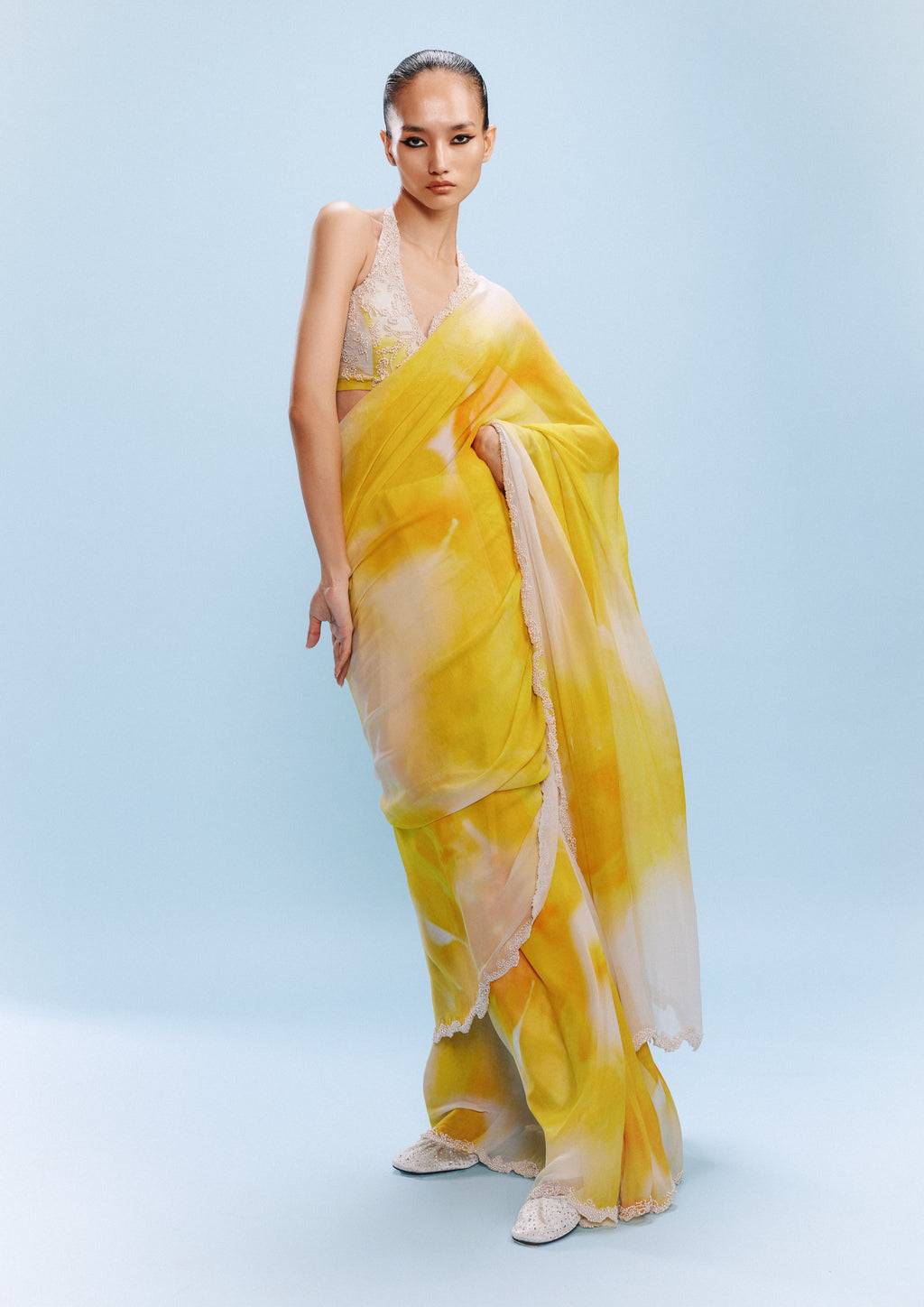 Dolly J Asher Chiffon Yellow Sari Set | Indiaspopup.com