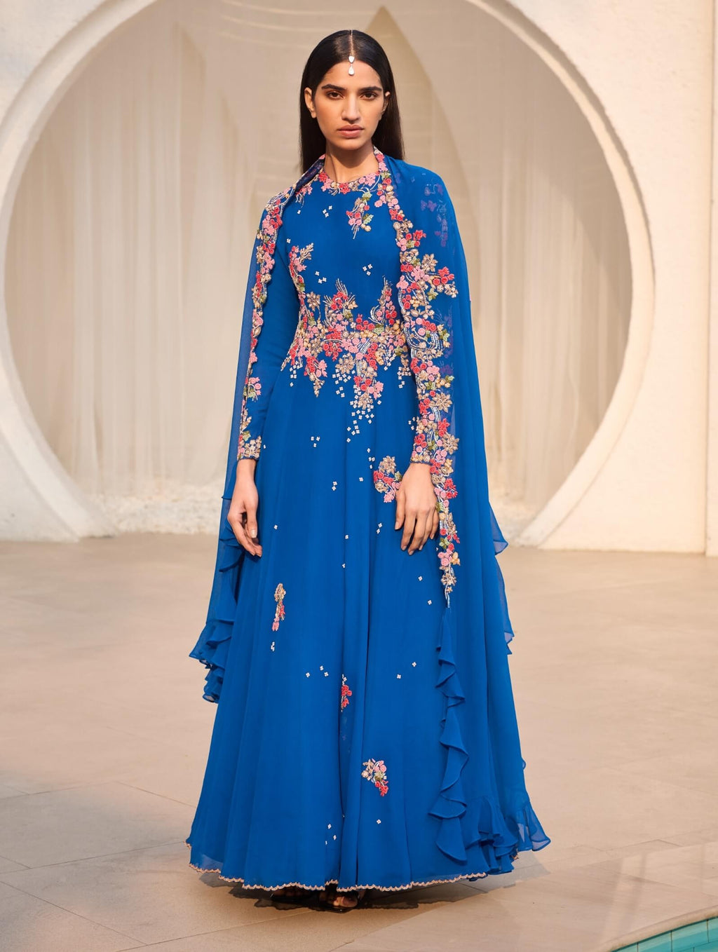 Dolly J Ethereal Royal Blue Blossom Anarkali And Dupatta | Indiaspopup
