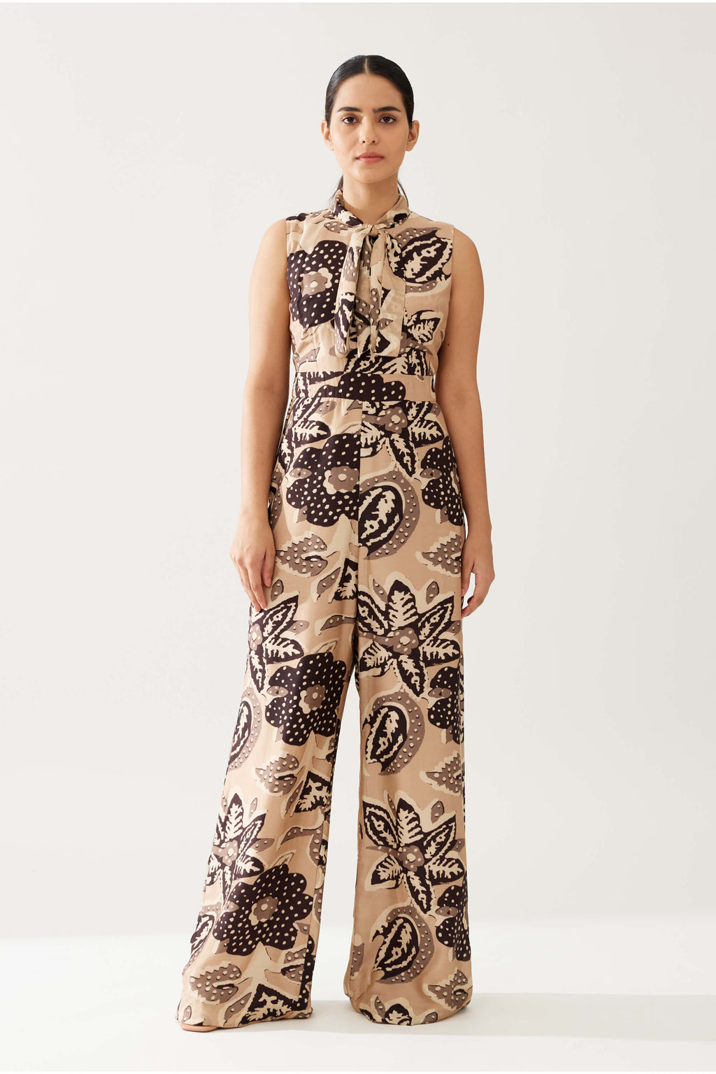 Koai Cream And Dark Brown Floral Bow Tie Jumpsuit | Indiaspopup.com