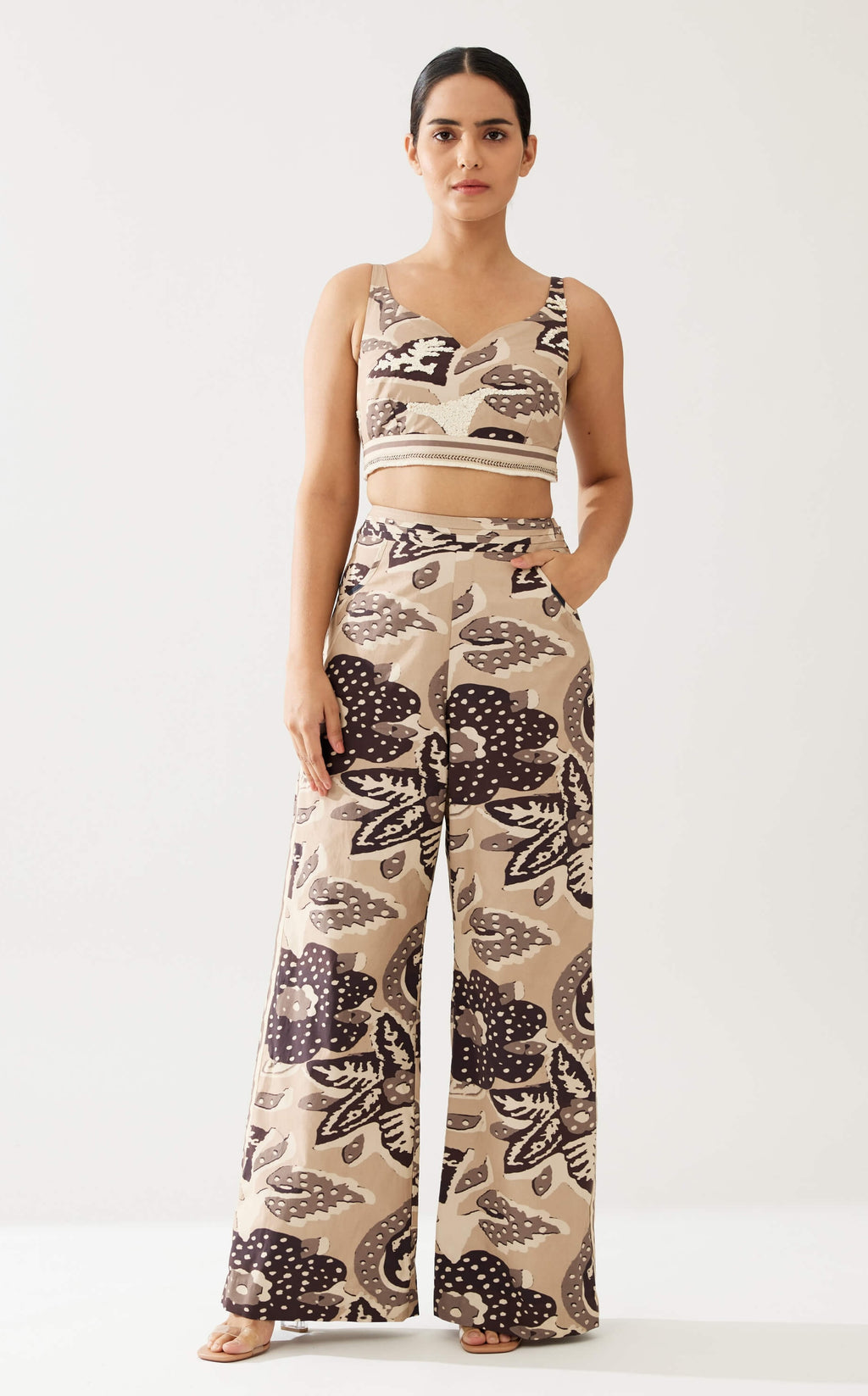 Koai Cream And Dark Brown Floral Bustier And Pants | Indiaspopup.com