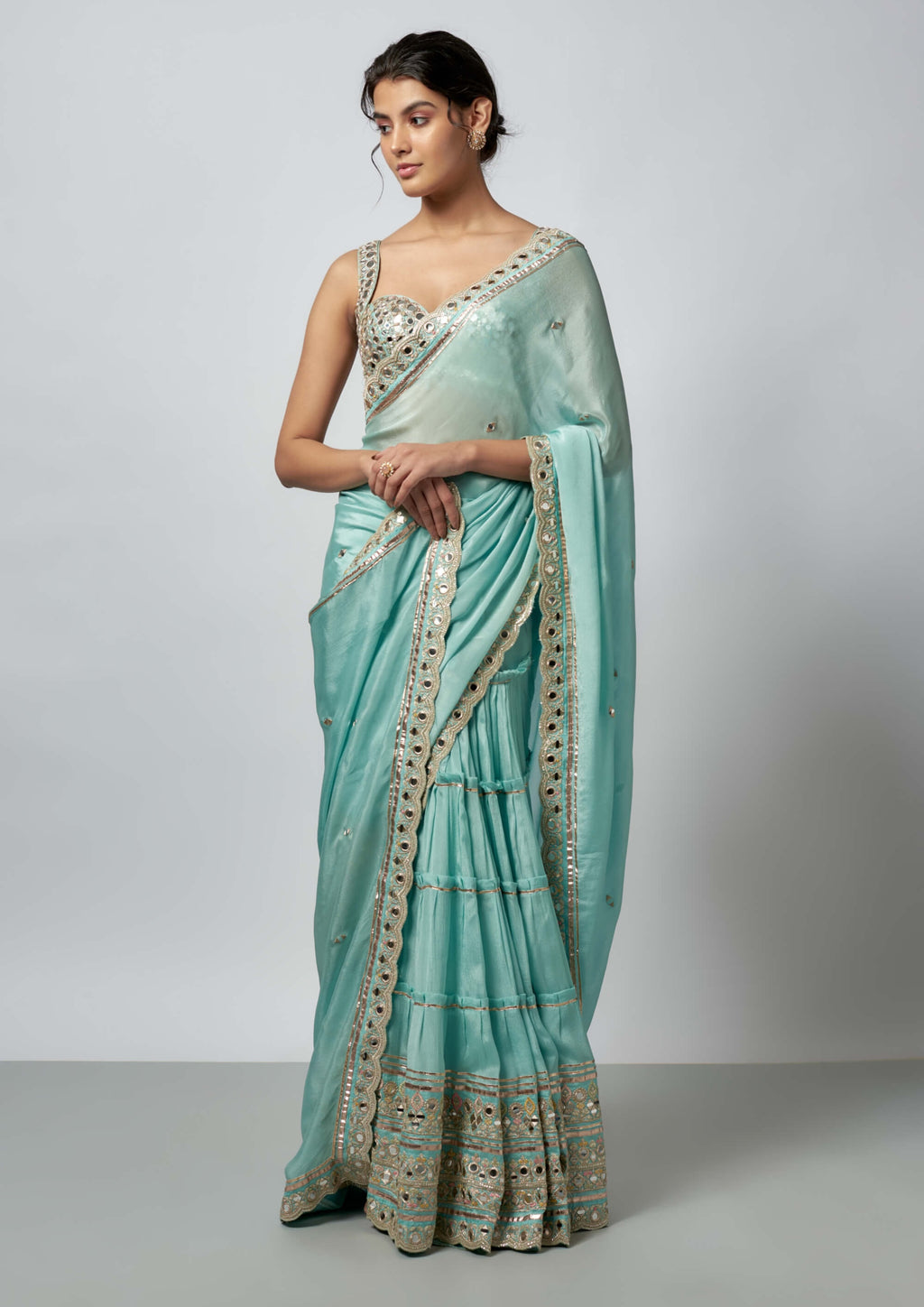 Gopi Vaid Anusha Blue Pleated Sari And Blouse | Indiaspopup