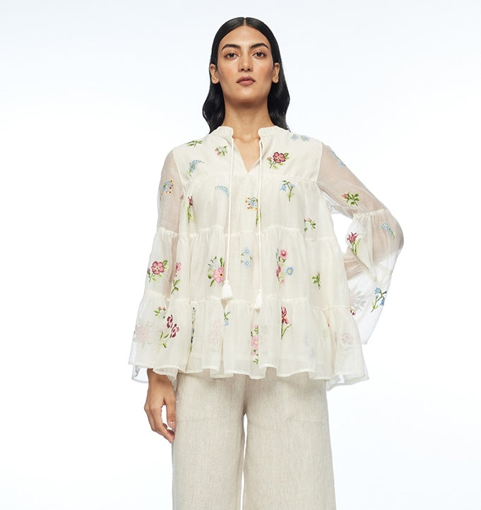 Baccara ivory tiered embroidery top