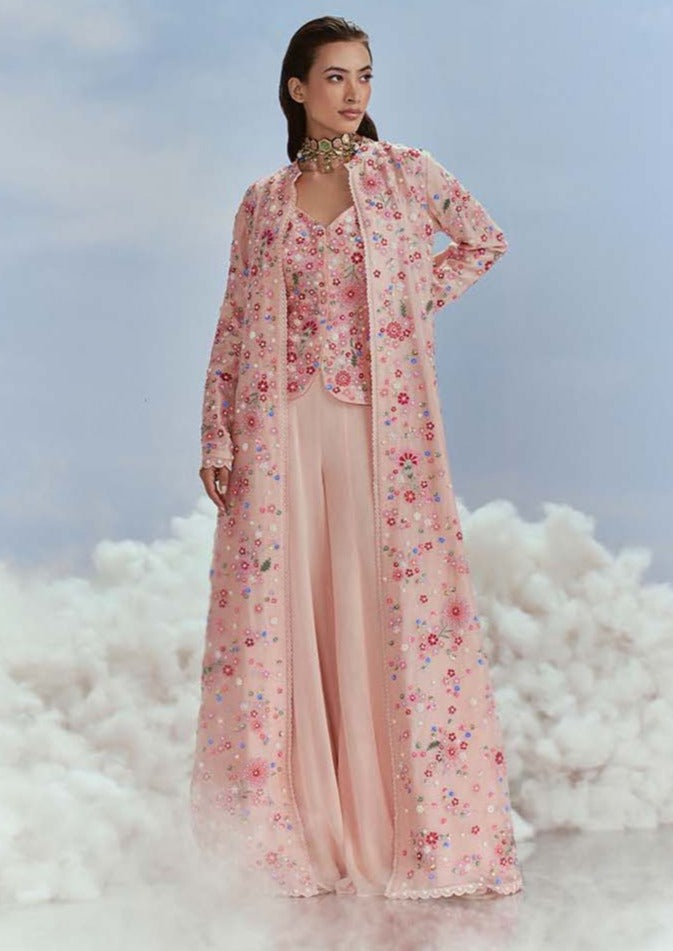 Nachiket Barve | Blush Izmir Carnations Jacket And Sharara Set | INDIASPOPUP.COM