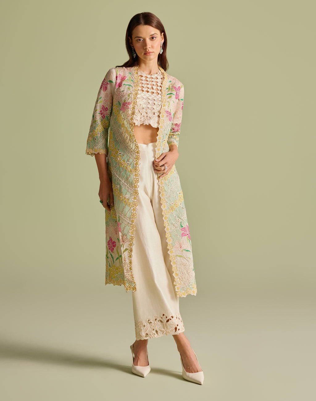 Ivory cutwork crop top, jacket and pant set