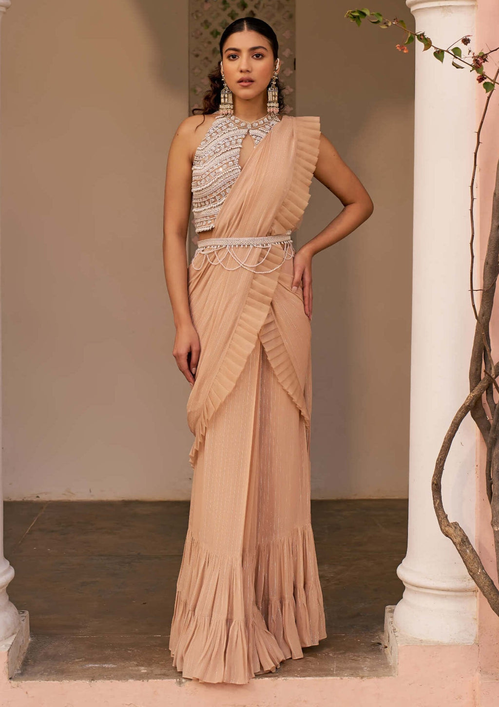 Chhavvi Aggarwal | Beige Pre-Draped Sari Set | INDIASPOPUP.COM