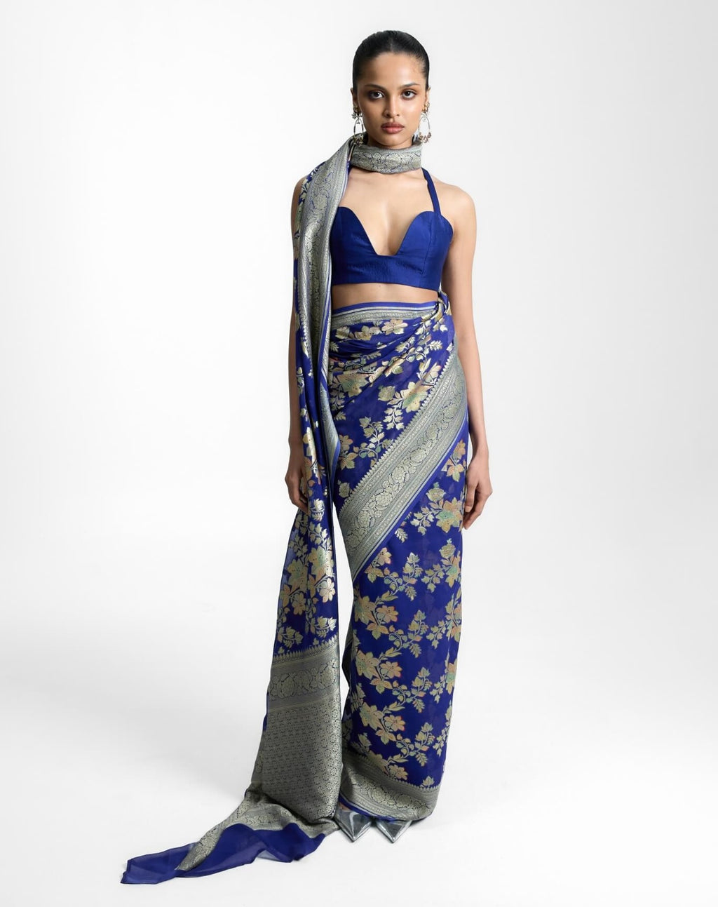 Ekaya Turquoise Blue Tonic Sari | Indiaspopup