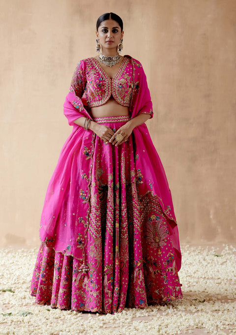 Hot pink floral embroidery lehenga set