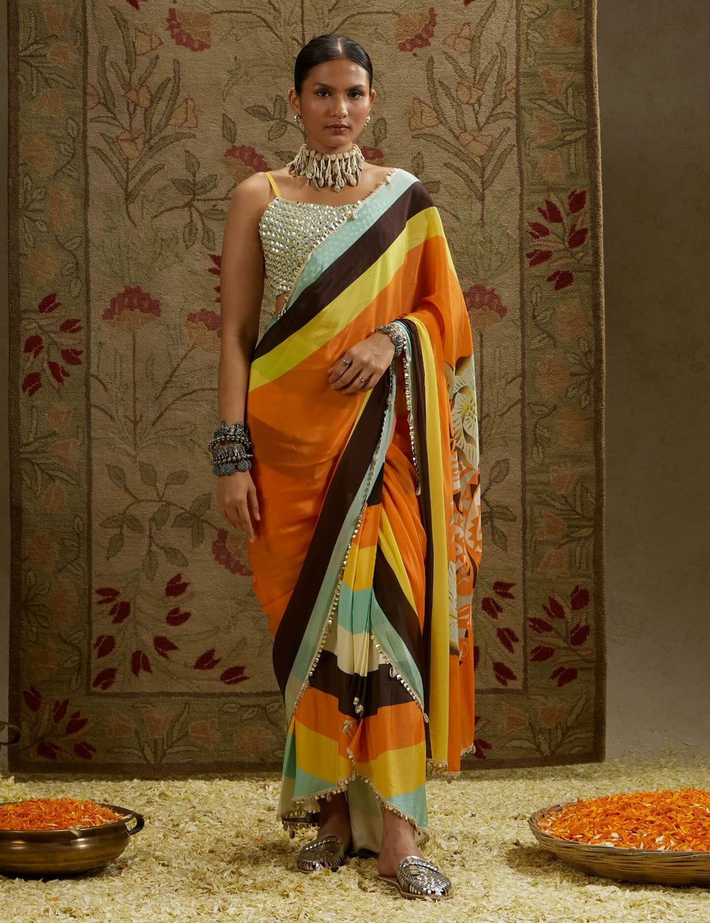 Multi orange mask print cascade sari and bustier – INDIASPOPUP.COM