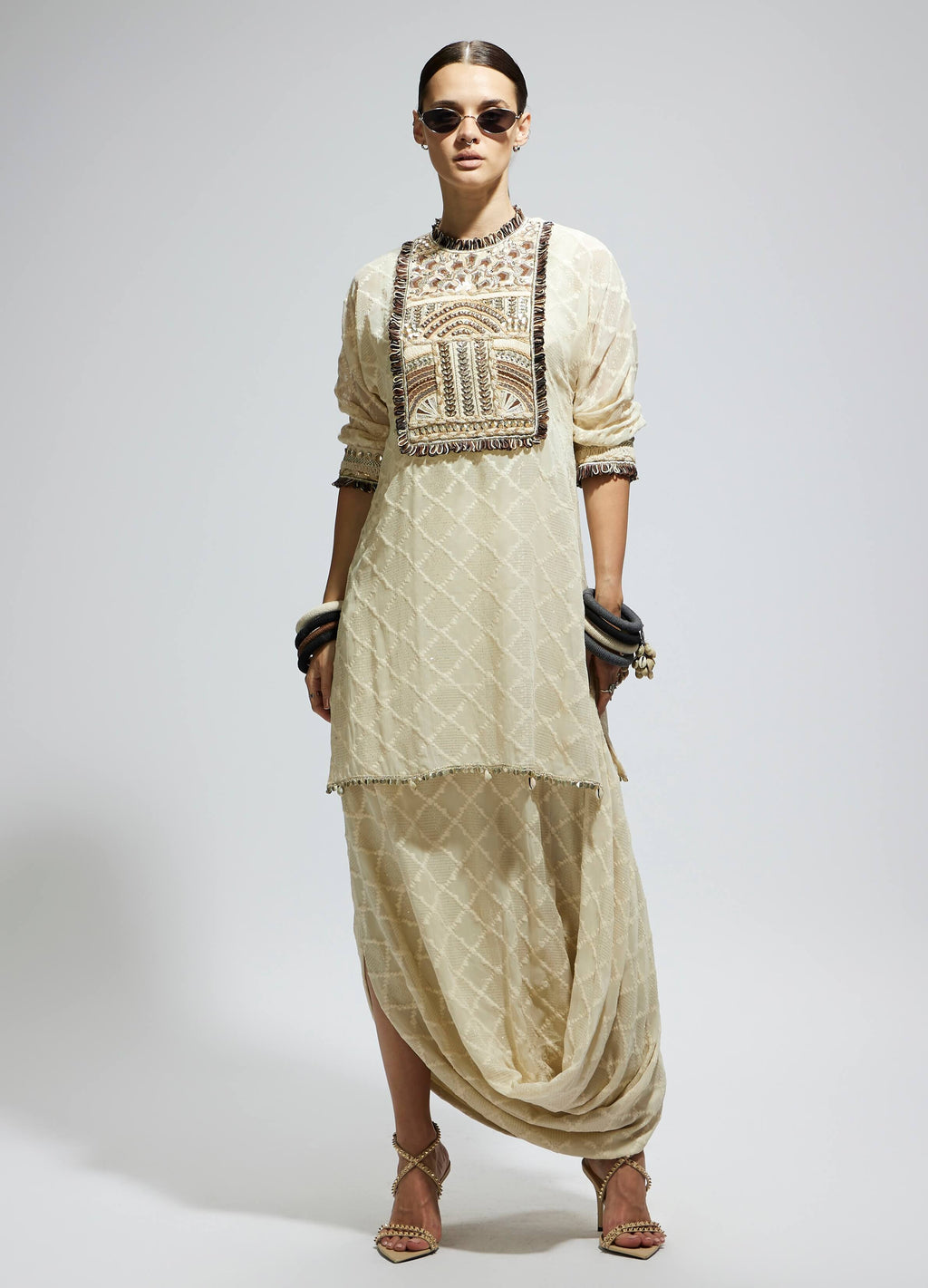 Ivory aztec yoke embroidered tunic and drape skirt – INDIASPOPUP.COM