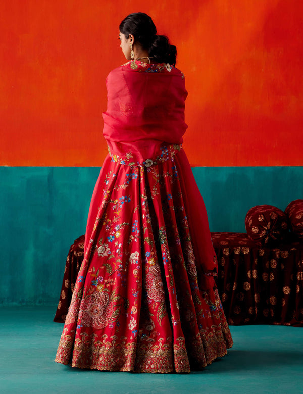 Red Floral Embroidered Lehenga Set