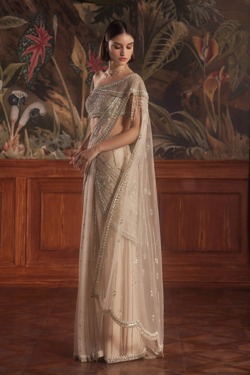 Roqa Ares Beige Draped Sari And Blouse | Indiaspopup