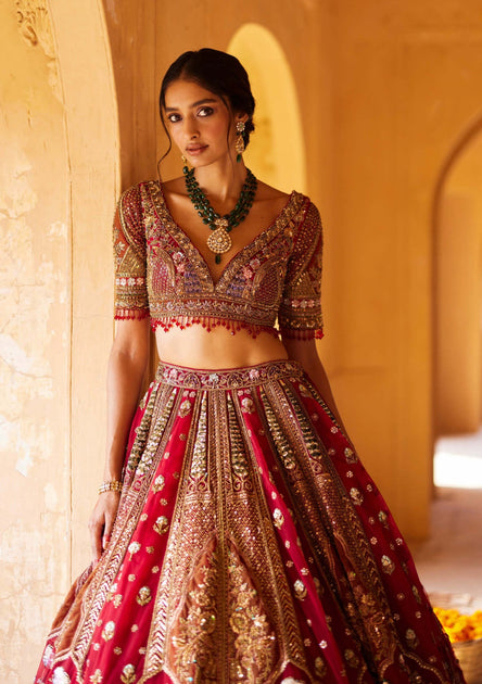 Roqa | Red Azara Lehenga Set | INDIASPOPUP.COM