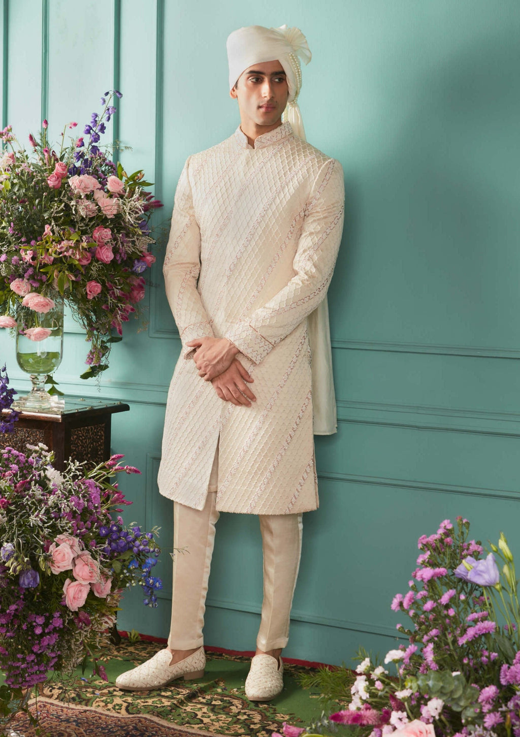 Bindani By Jigar And Nikita Men | Glacier White Sherwani Set ...