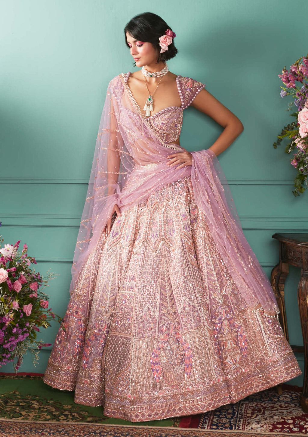 Bindani By Jigar And Nikita | Lilac Zardosi Lehenga Set | INDIASPOPUP.COM