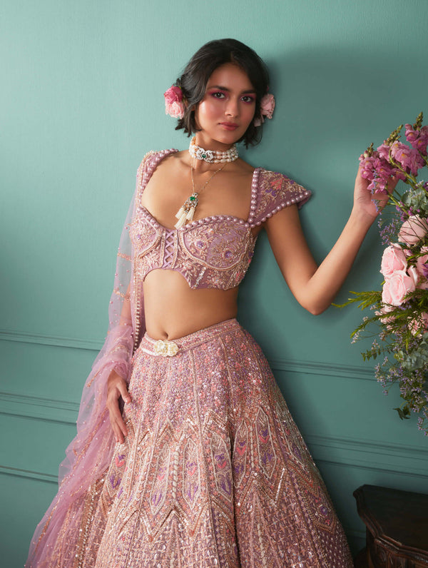 Bindani By Jigar And Nikita | Lilac Zardosi Lehenga Set | INDIASPOPUP.COM