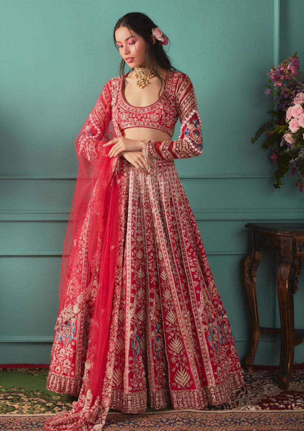 Bindani By Jigar And Nikita | Red Raw Silk Lehenga Set | INDIASPOPUP.COM