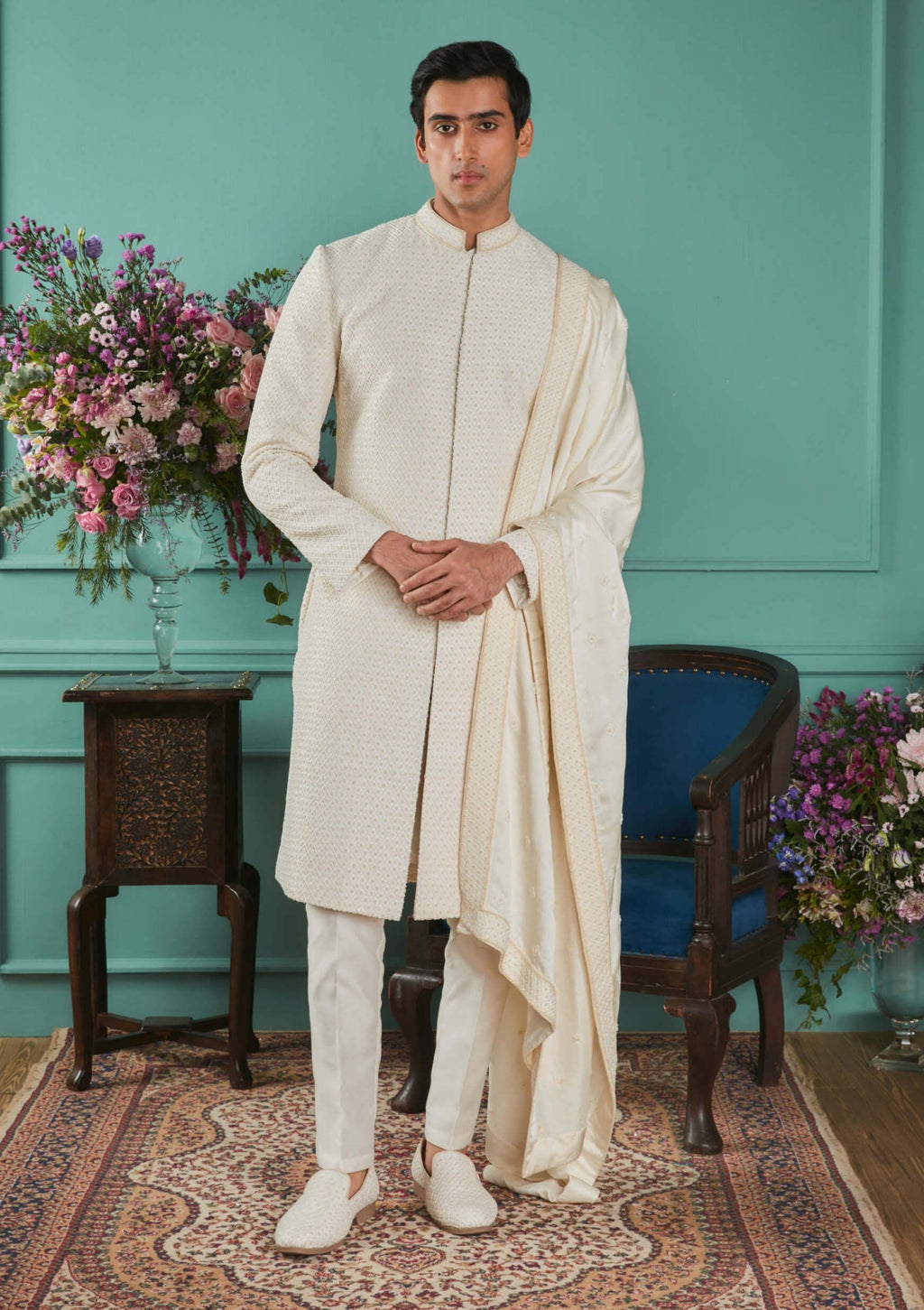 Bindani By Jigar And Nikita Men | Winter White Sherwani Set ...