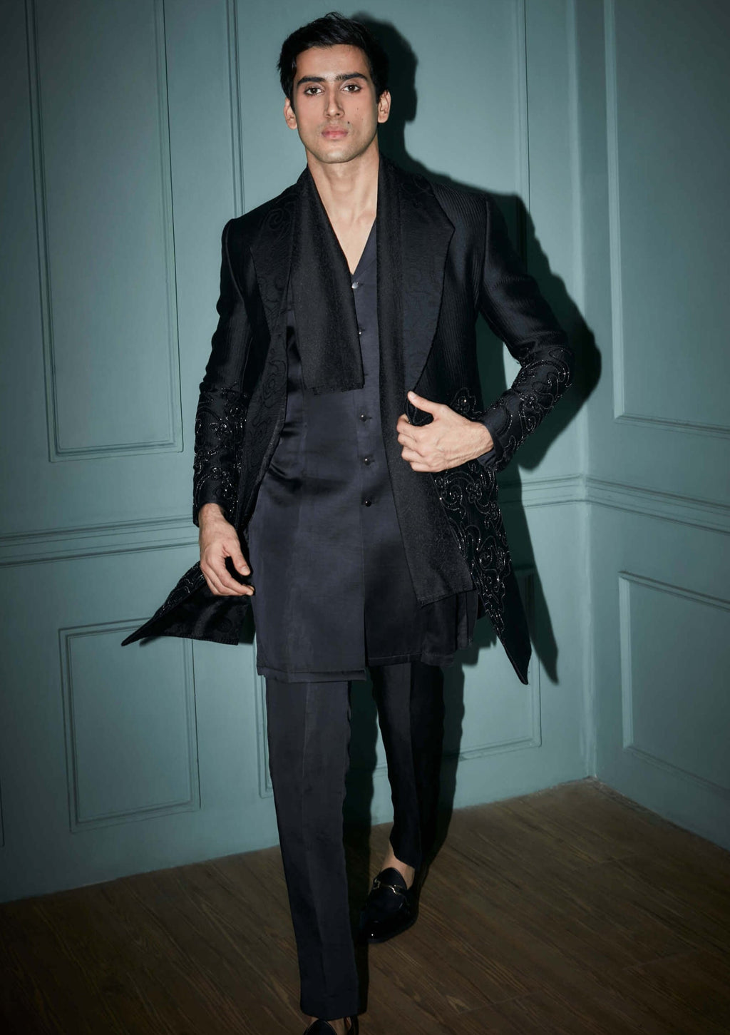 Bindani By Jigar And Nikita Men | Noir Black Jacket And Pant Set ...