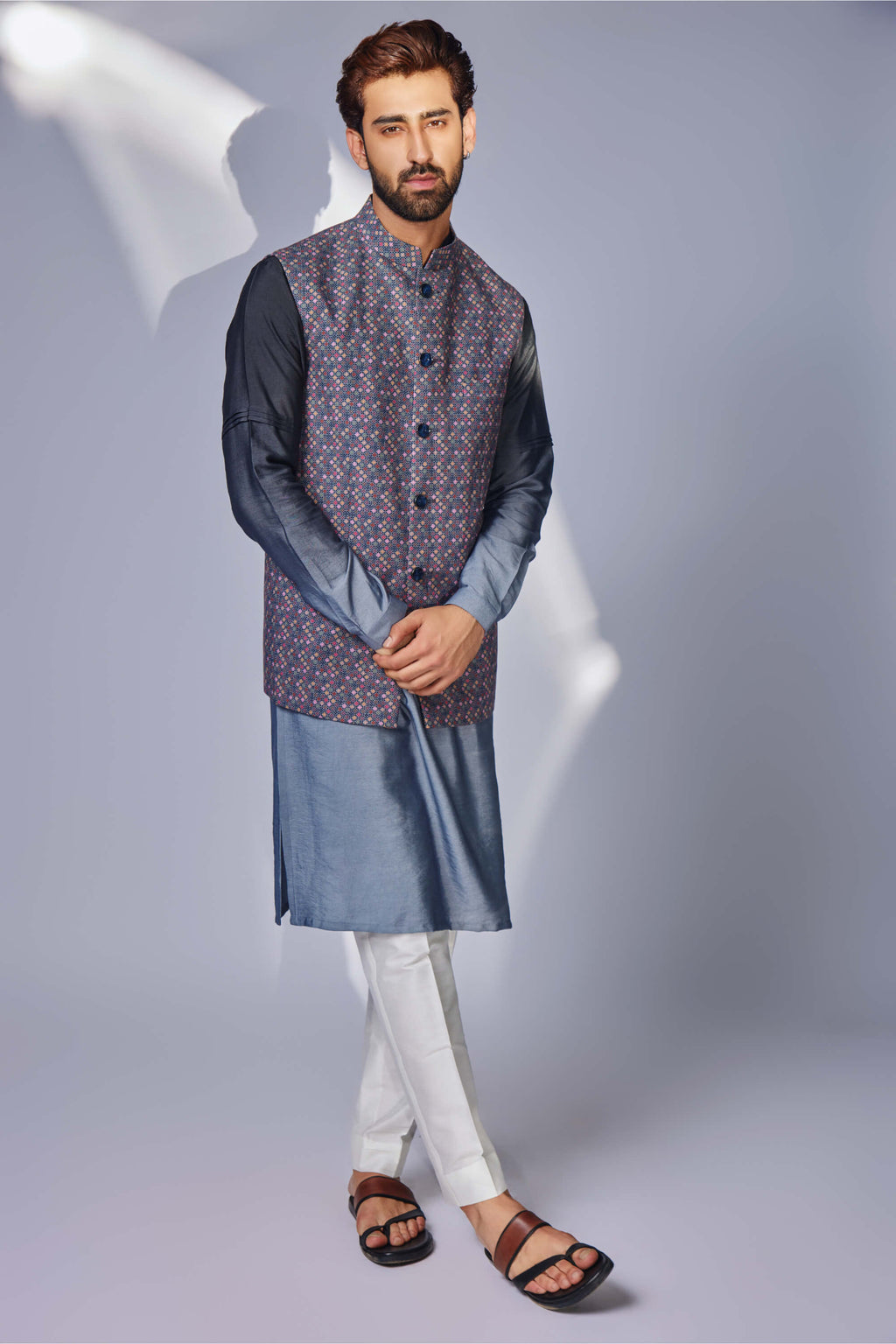 Chatenya Mittal | Grey Print Linen Nehru Jacket Set | INDIASPOPUP.COM