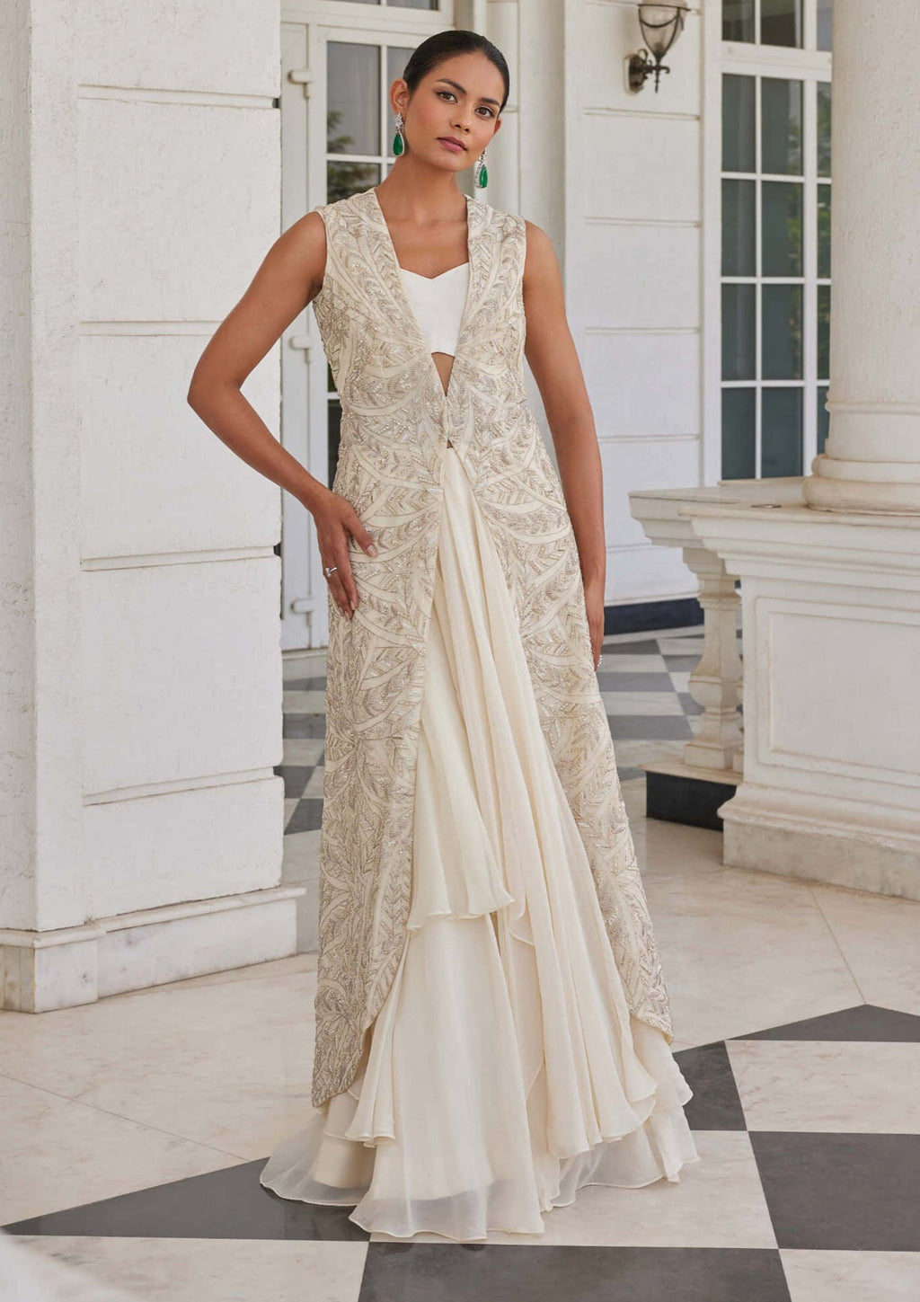 Charu & Vasundhara | Surraya Ivory Jacket And Skirt Set | INDIASPOPUP.COM