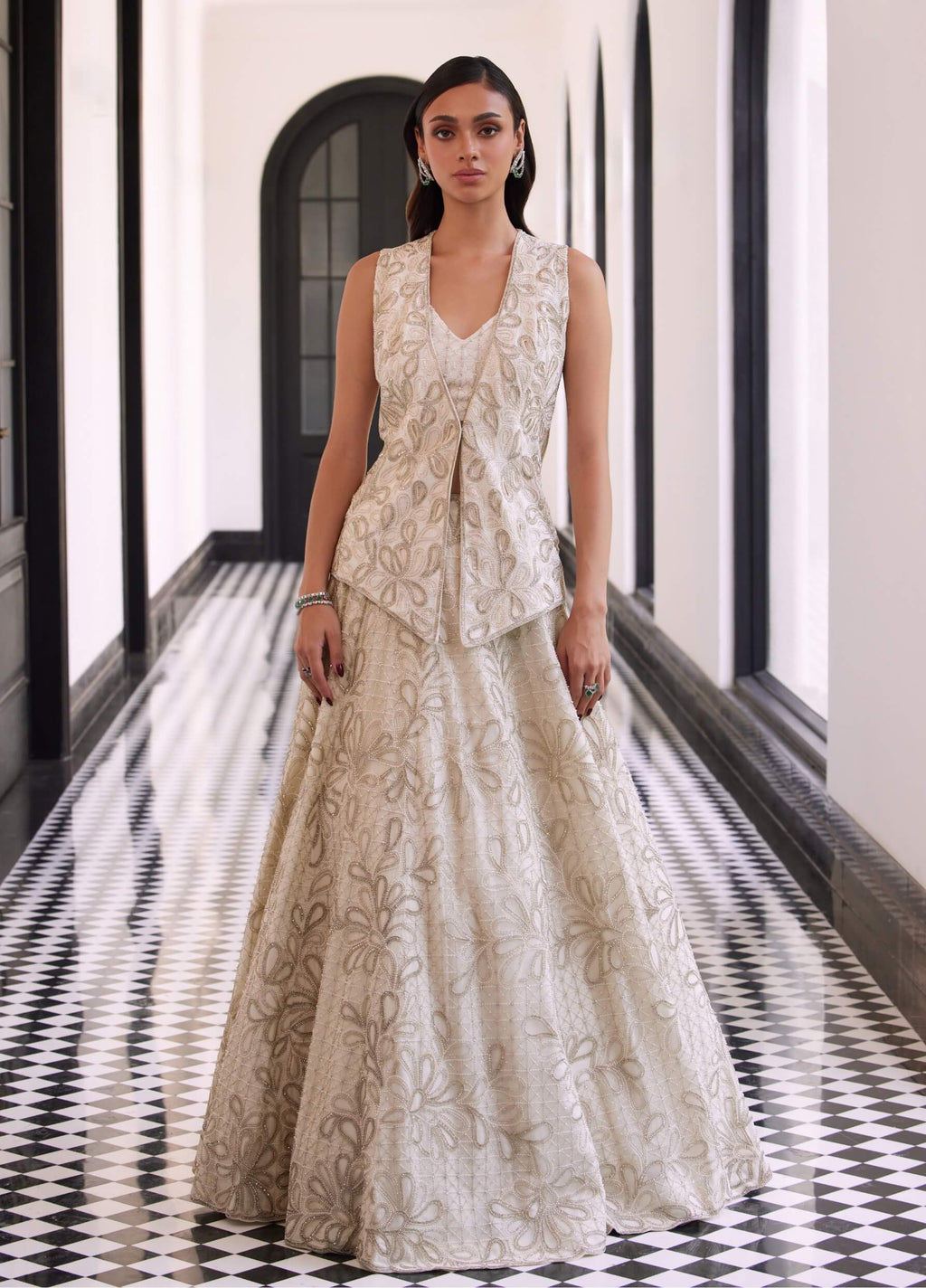 Charu & Vasundhara Flavia Ivory Lehenga And Waistcoat | Indiaspopup