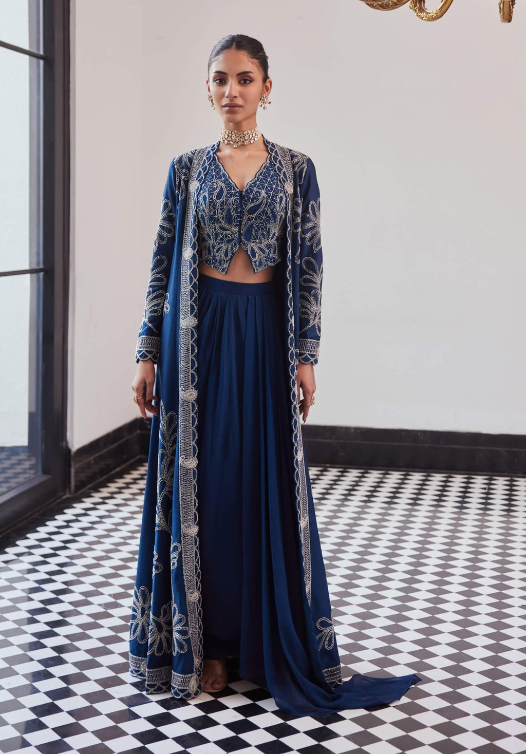 Charu & Vasundhara Fallon Moody Blue Long Jacket, Skirt And Waistcoat ...