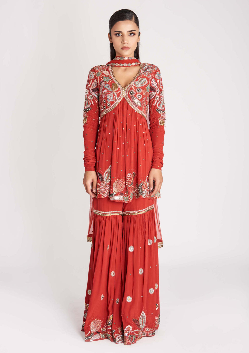 Aisha Rao | Rust Red Embellished Gharara Set | INDIASPOPUP.COM