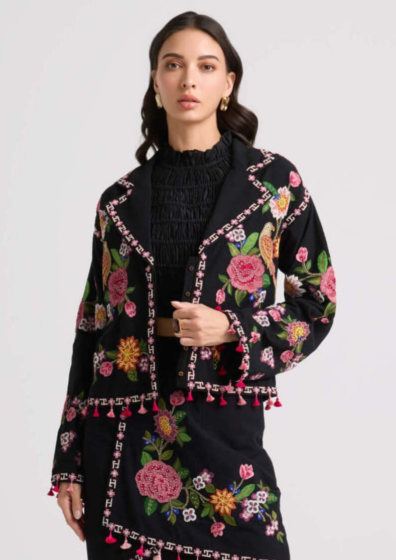 Chandrima Black Floral Threadwork Short Jacket | Indiaspopup.com ...