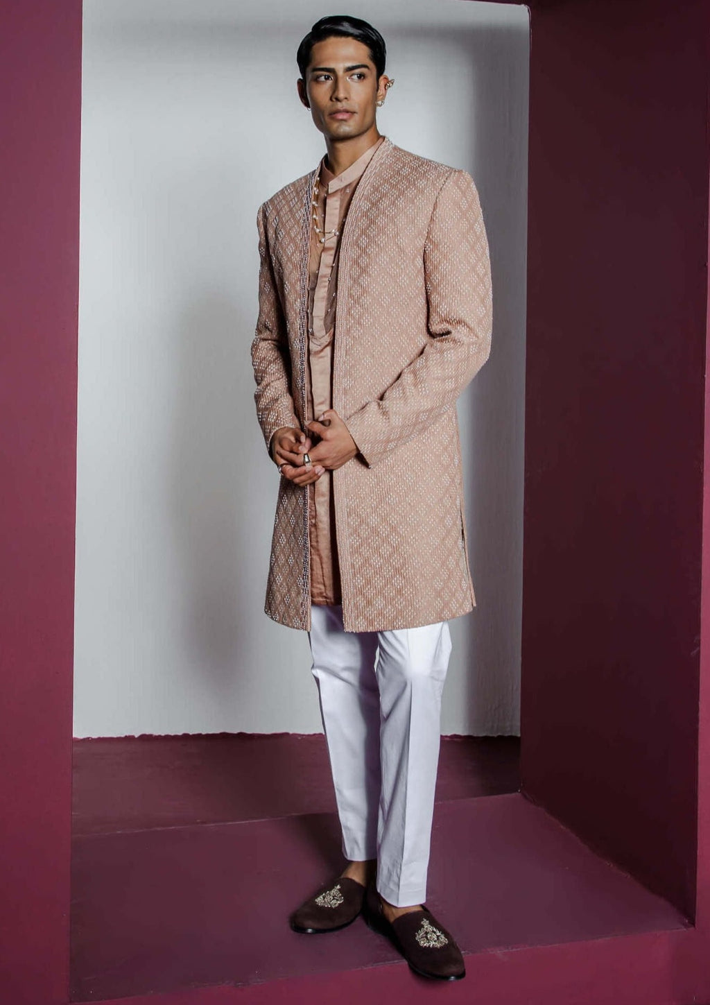 Contrast By Parth | Opulent Brown Open Sherwani Set | INDIASPOPUP.COM
