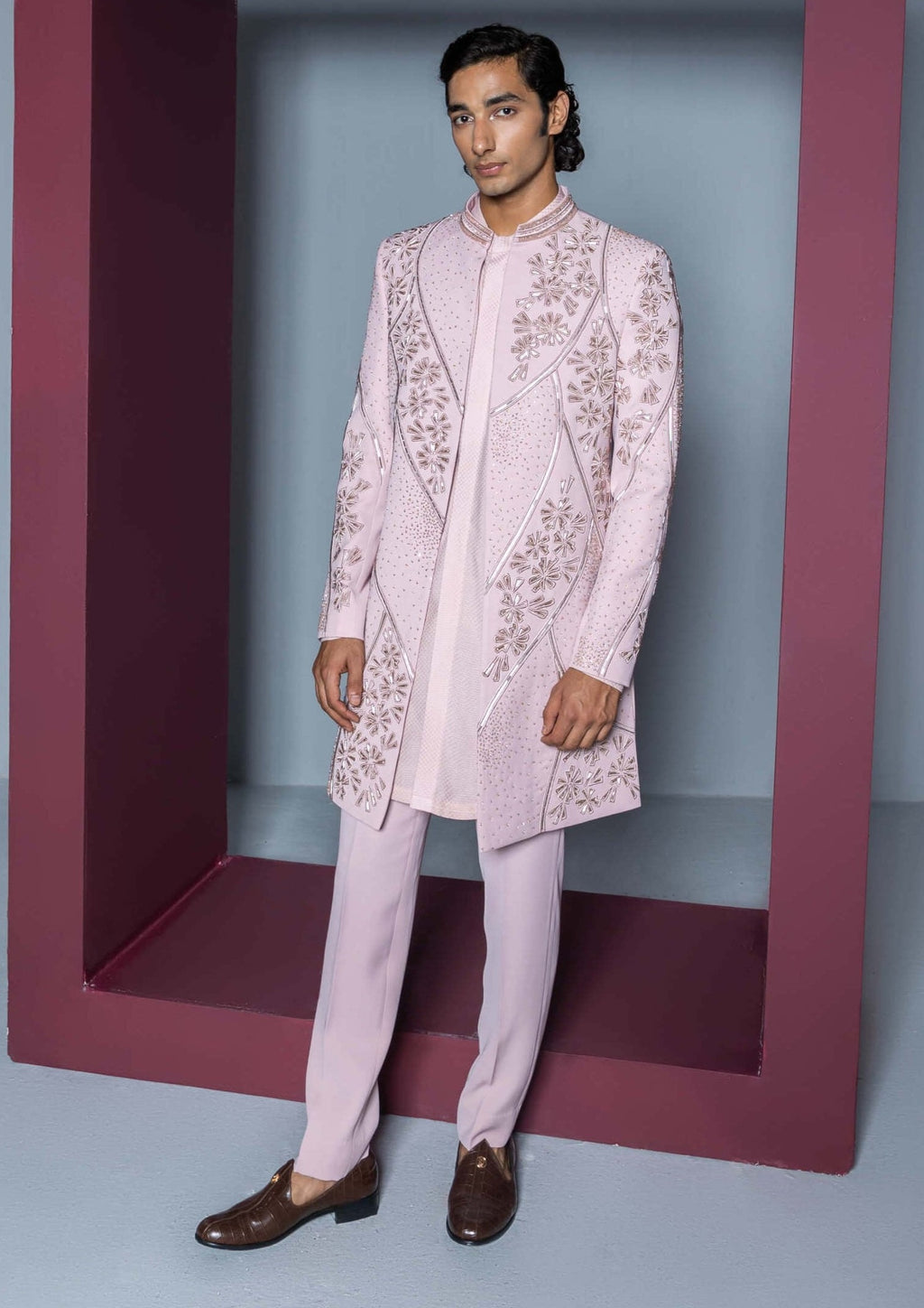 Contrast By Parth | Mehroom Pale Pink Sherwani Set | INDIASPOPUP.COM
