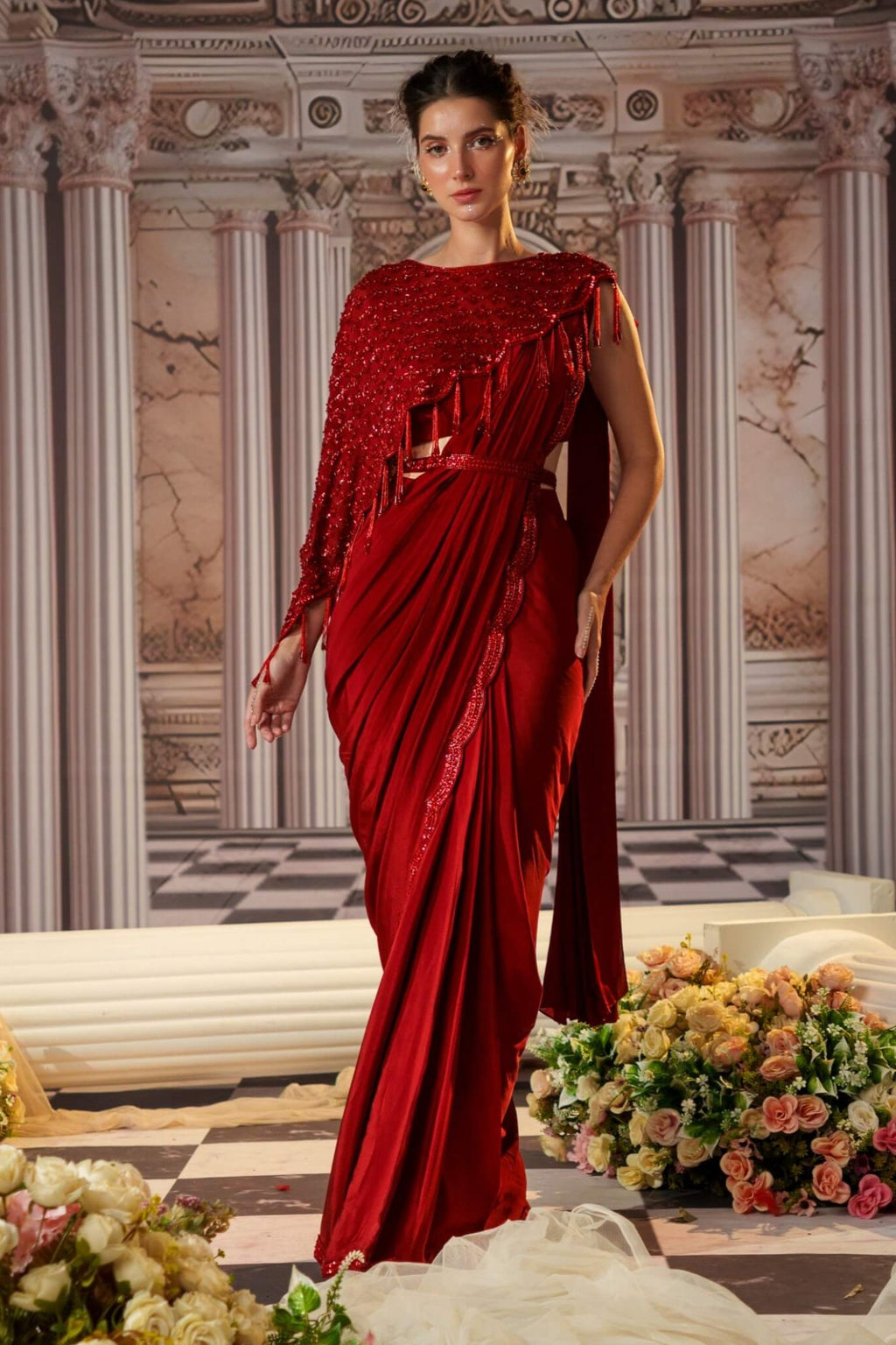 Nidhika Shekhar Venus Red Embroidered Sari Set | Indiaspopup.com